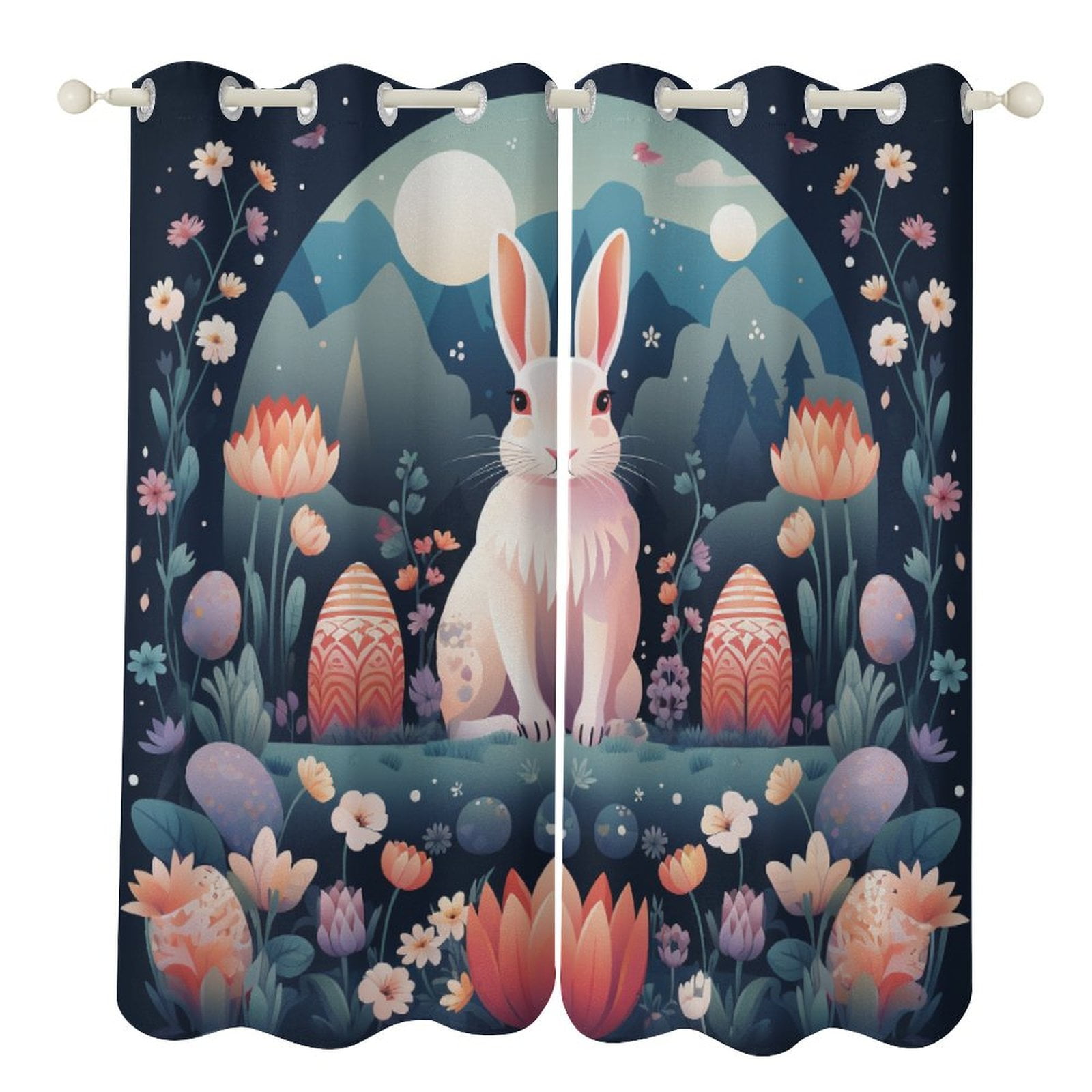 Easter Rabbit 2 Panel Curtain Set, Watercolor Painting Window Treatment ...