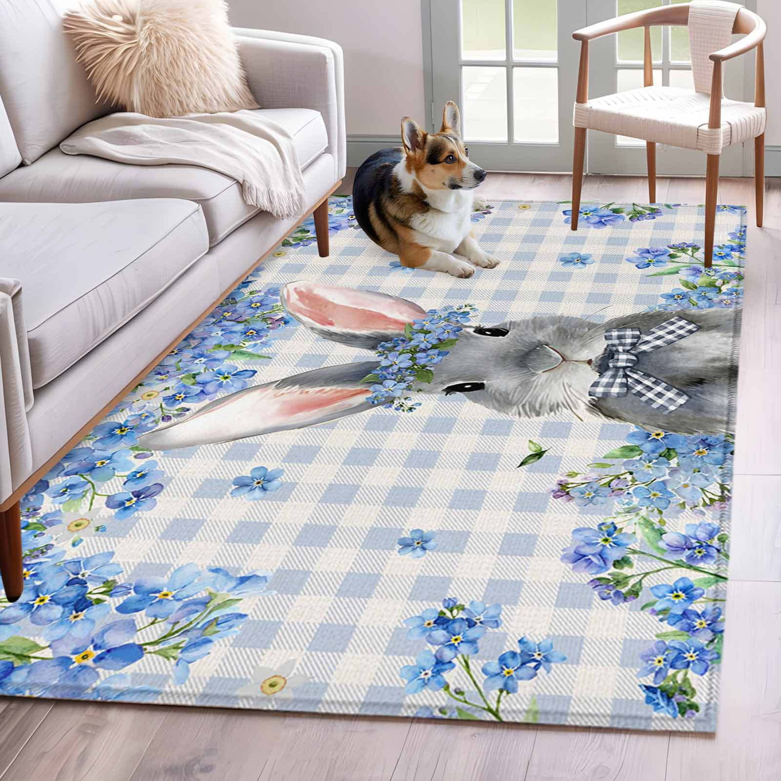 Easter Rabbit Area Rug 3x5 Washable Rug Non Slip Spring Cute Bunny Blue ...
