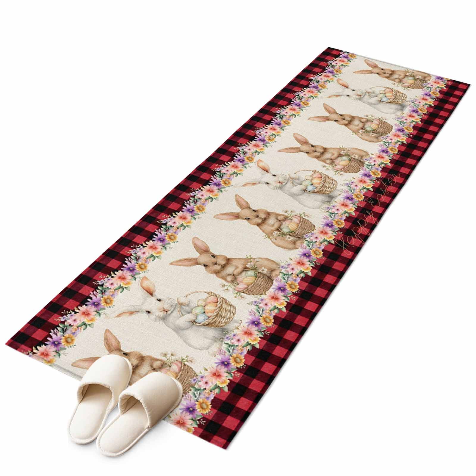 Easter Rabbit Area Rugs 2x6ft Watercolor Basket Eggs Floral Wood Grain ...