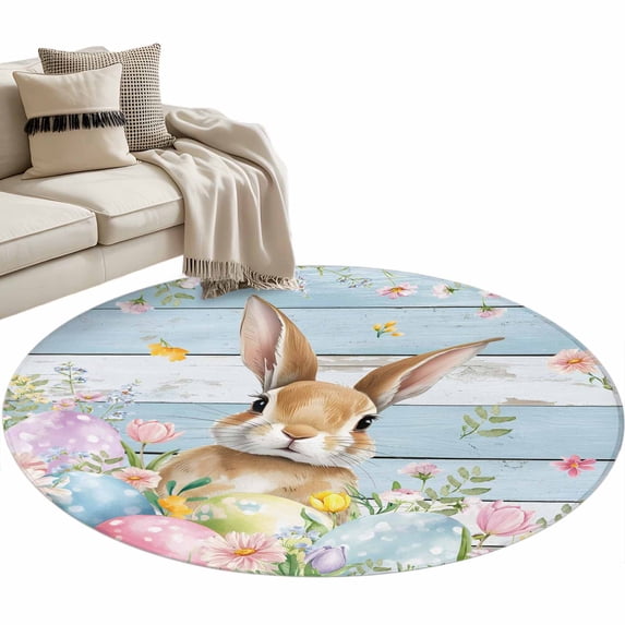 Easter Rabbit Area Rugs 3ft Spring Floral Colored Eggs Blue Wood ...