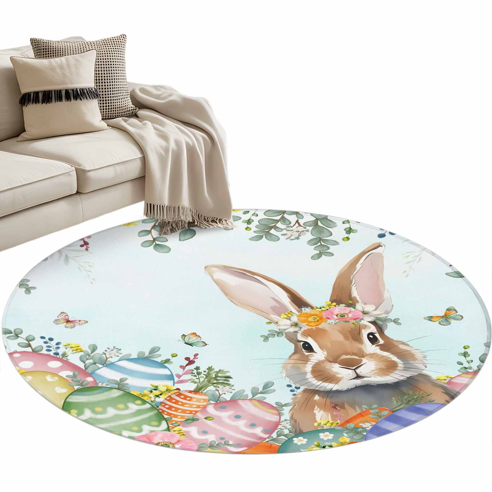Easter Rabbit Area Rugs 3ft Watercolor Floral Bunny Colored Eggs ...