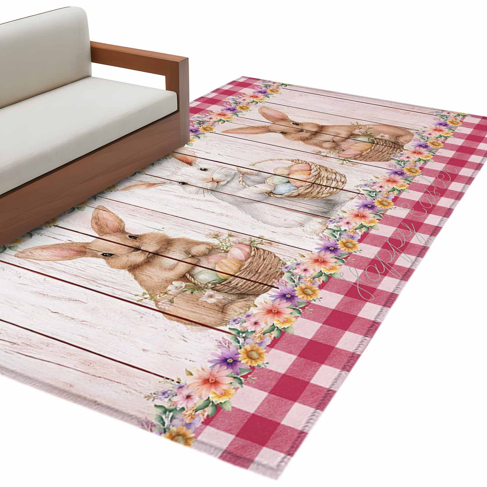 Easter Rabbit Area Rugs 3x5ft Watercolor Basket Eggs Floral Wood Grain ...