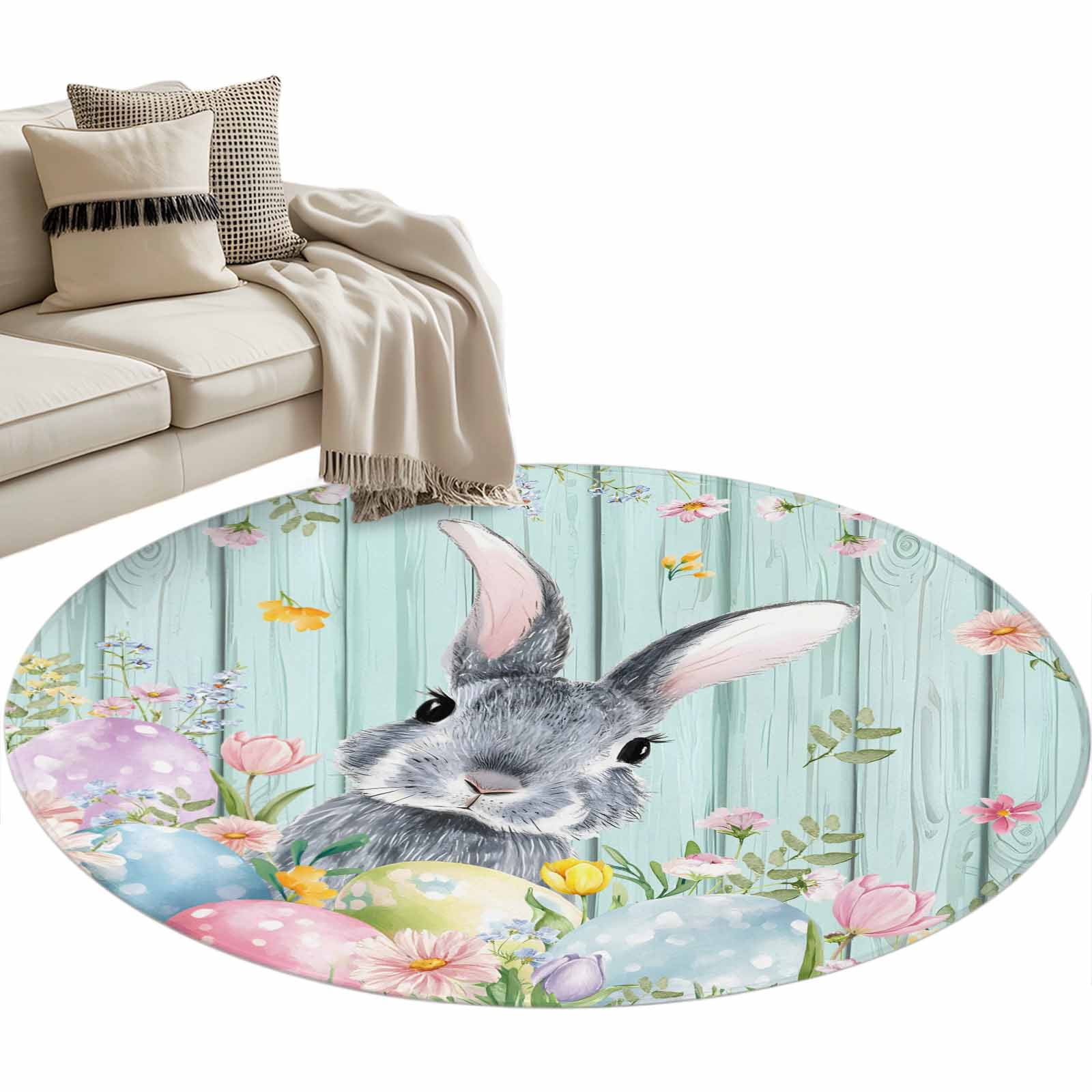 Easter Rabbit Area Rugs 4ft Spring Floral Colored Eggs Green Wood Grain ...