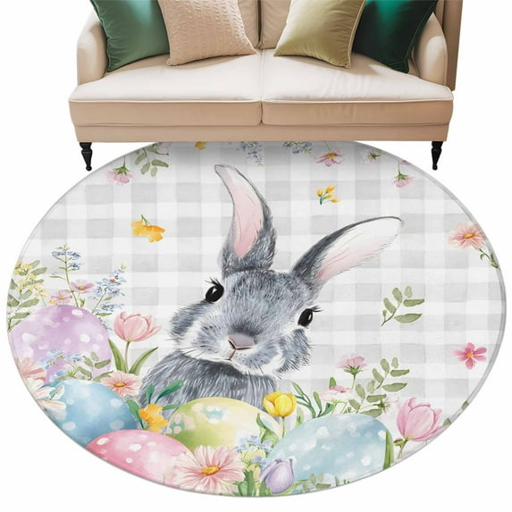 Easter Rabbit Area Rugs 5ft Watercolor Floral Colored Eggs Light Grey ...
