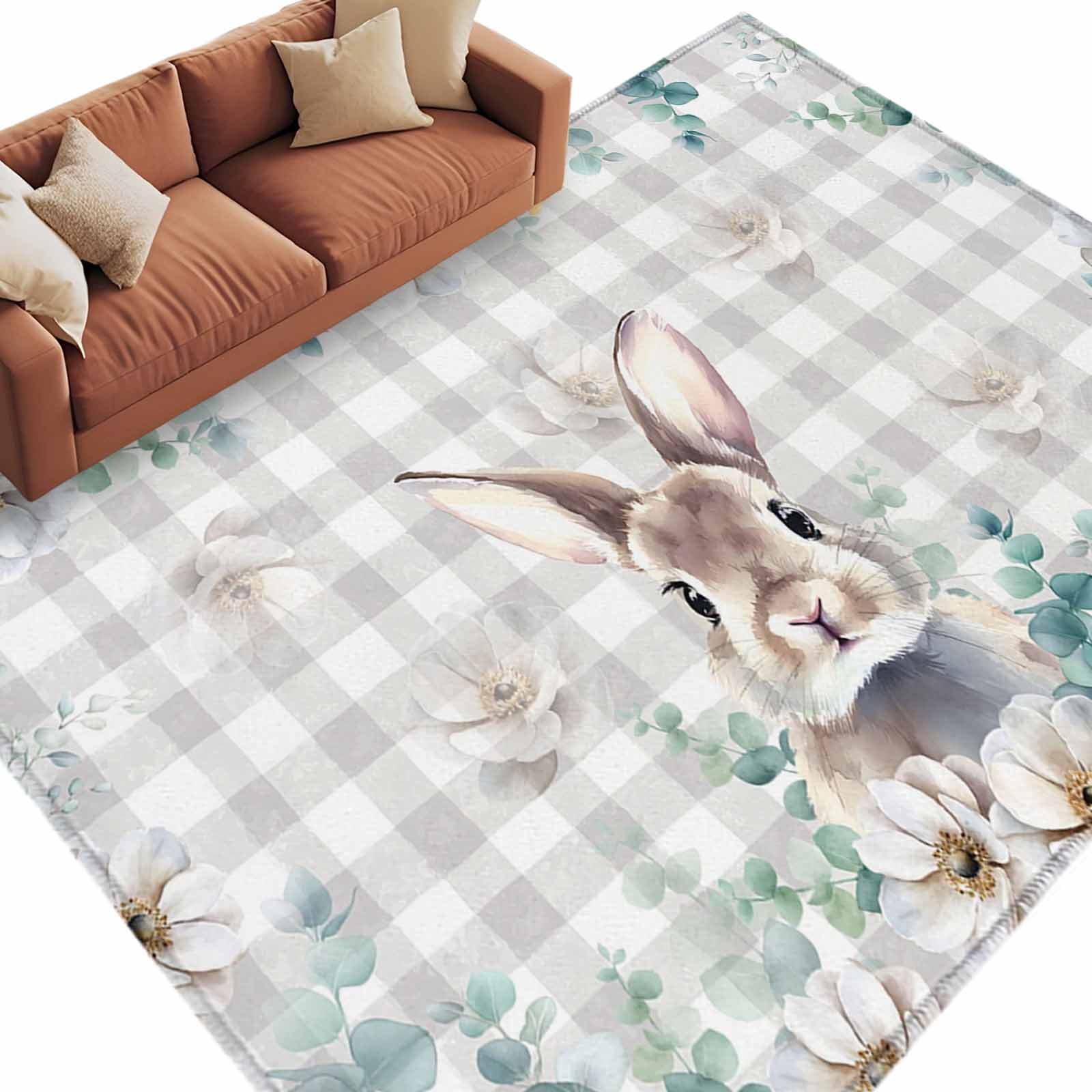 Easter Rabbit Area Rugs 5x8ft Watercolor Bunny White Floral Leaf Grey ...
