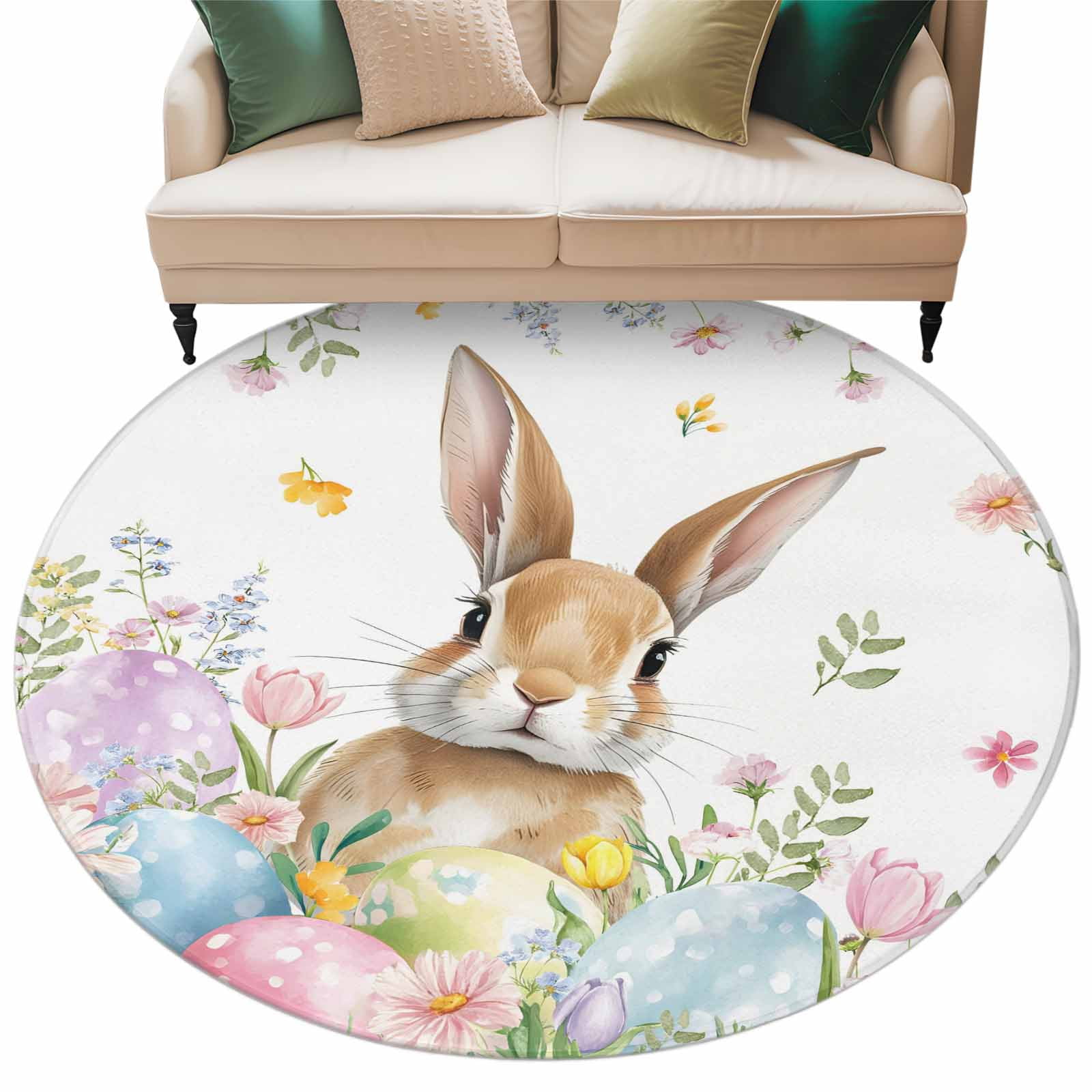 Easter Rabbit Area Rugs 6ft Spring Floral Purple Blue Pink Green Eggs ...