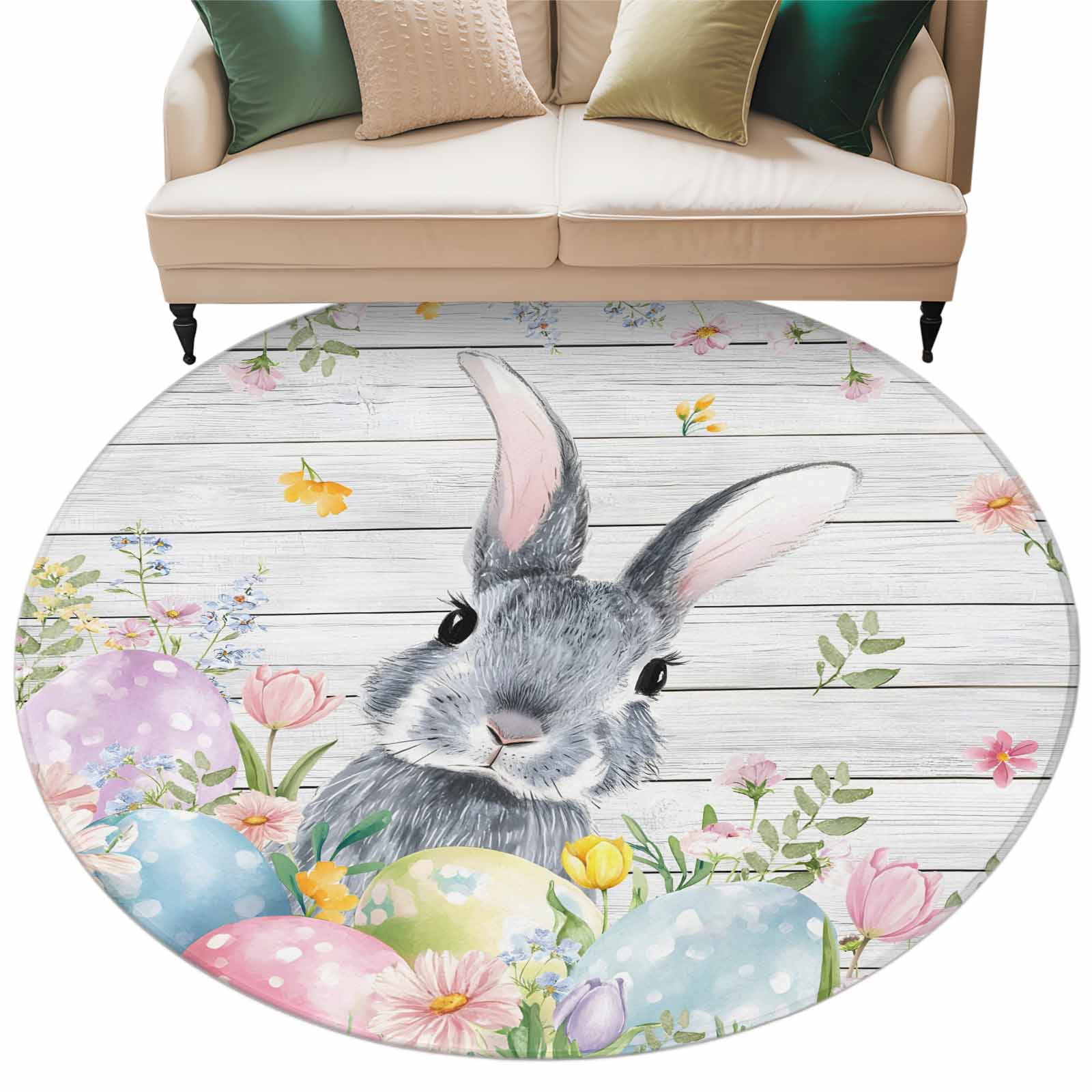 Easter Rabbit Area Rugs 6ft Watercolor Floral Colored Eggs White Wood ...