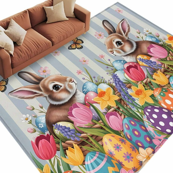 Easter Rabbit Area Rugs 6x9ft Spring Basket Eggs Bunny Floral Blue ...