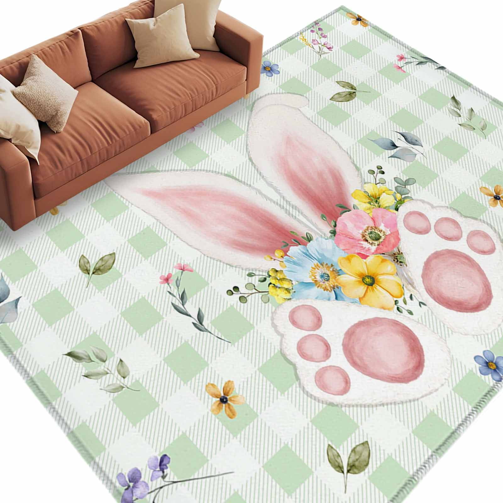 Easter Rabbit Area Rugs 6x9ft Spring Bunny Ears Foot Colored Floral ...