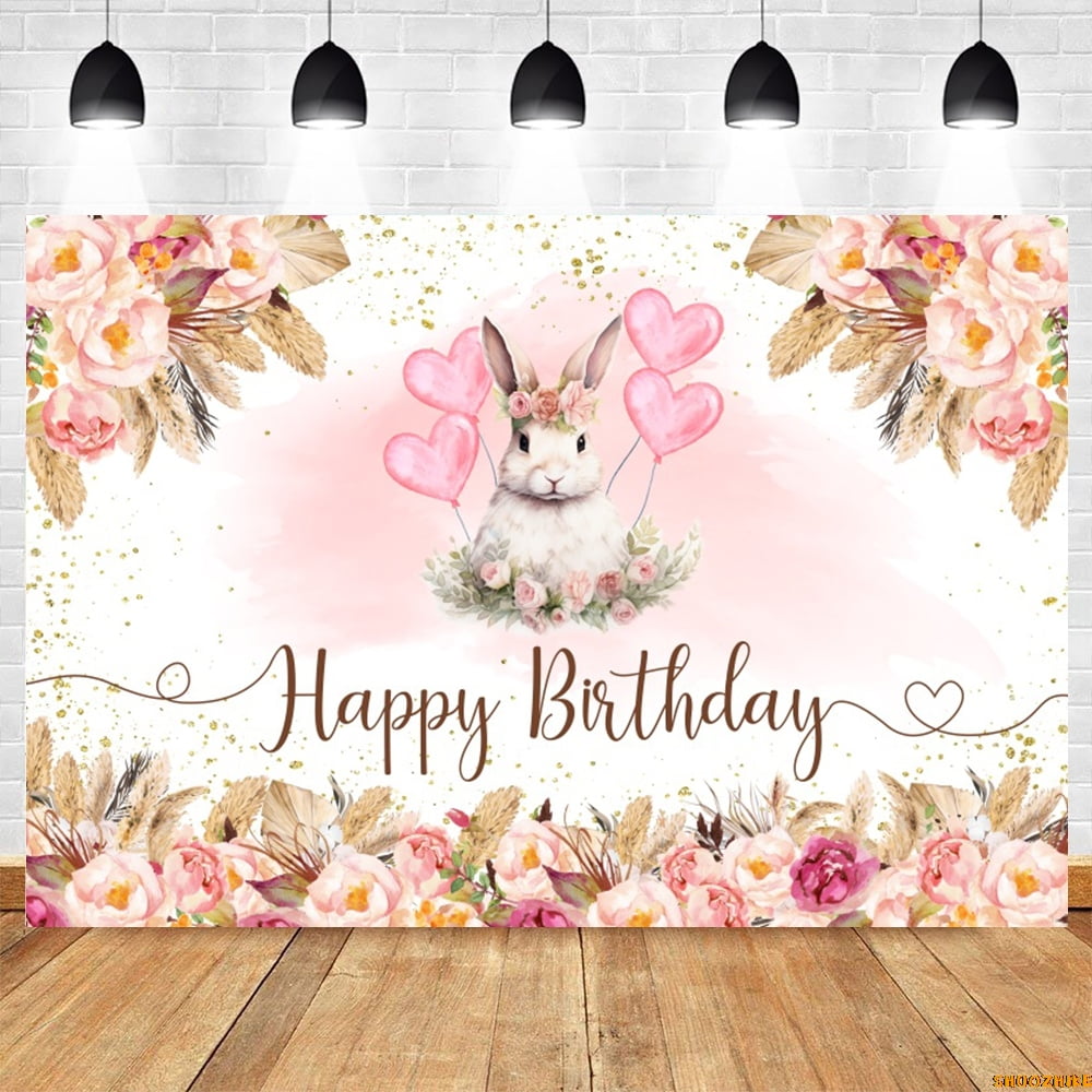 Easter Rabbit Backdrop Pink Floral Bunny Flower Balloon Girl Boy Baby Shower Birthday Party ...