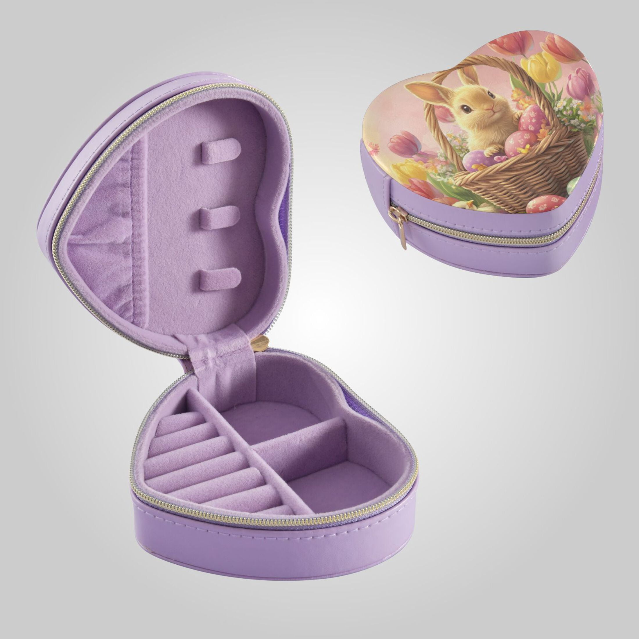 Easter Rabbit Chickens Eggs Flowers PU Leather Heart-shaped Jewelry Box ...