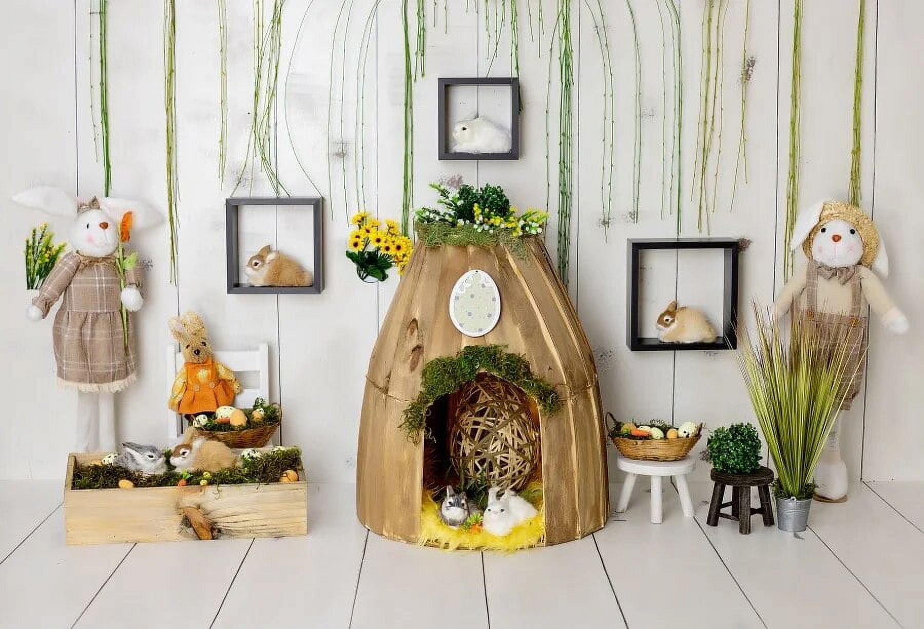 Easter Rabbit Doll Backdrop Rustic White Wood Bunny Flowers Kids ...