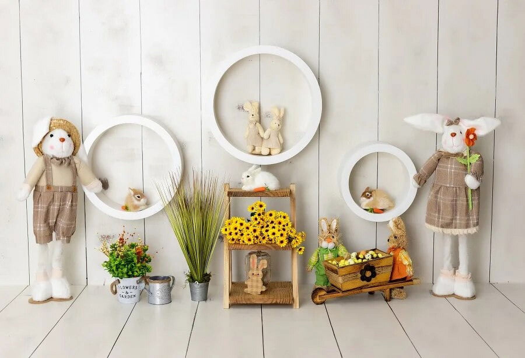 Easter Rabbit Doll Backdrop Rustic White Wood Bunny Flowers Kids ...
