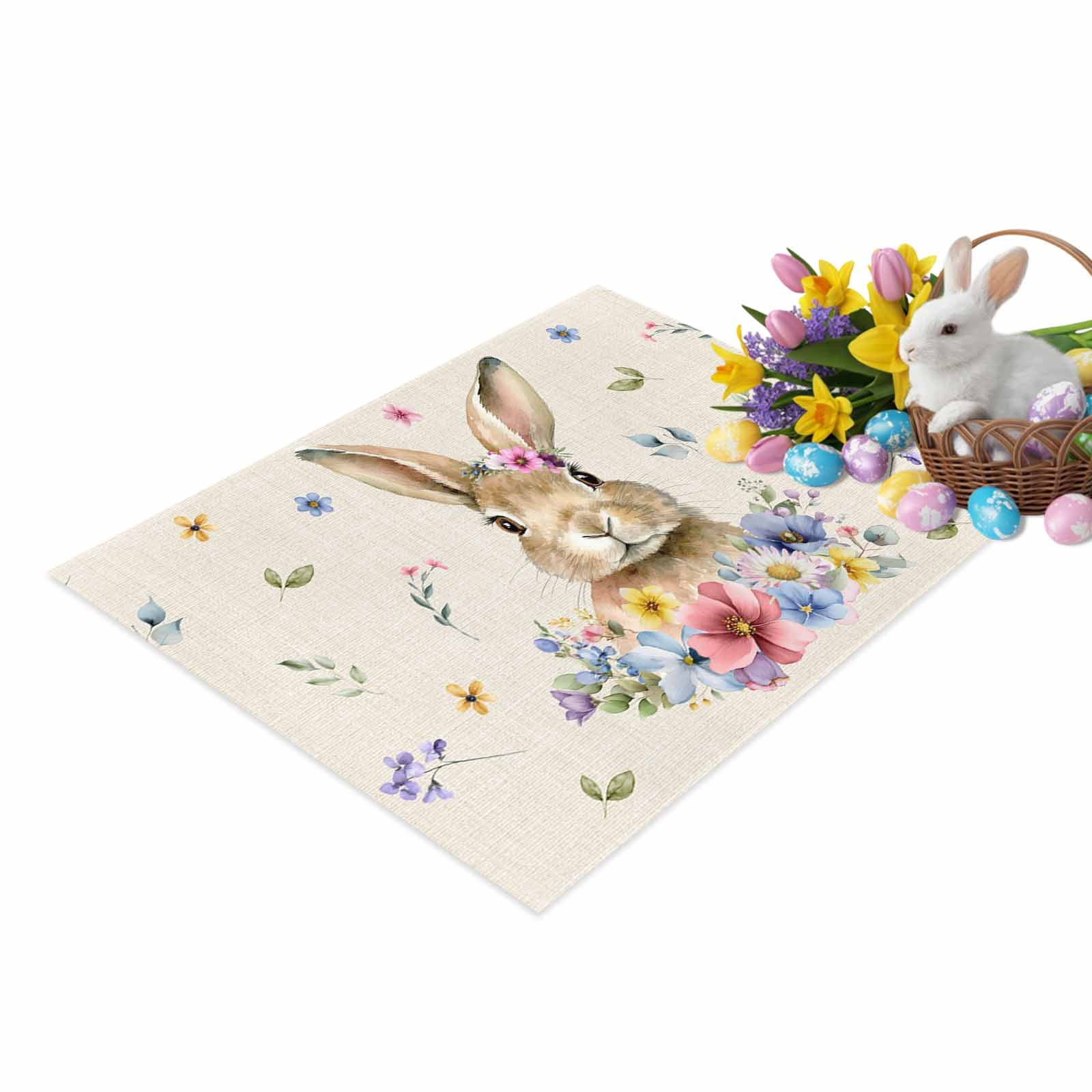 Easter Rabbit Door Mat Spring Blue Purple Pink Floral Leaf Plant Linen ...