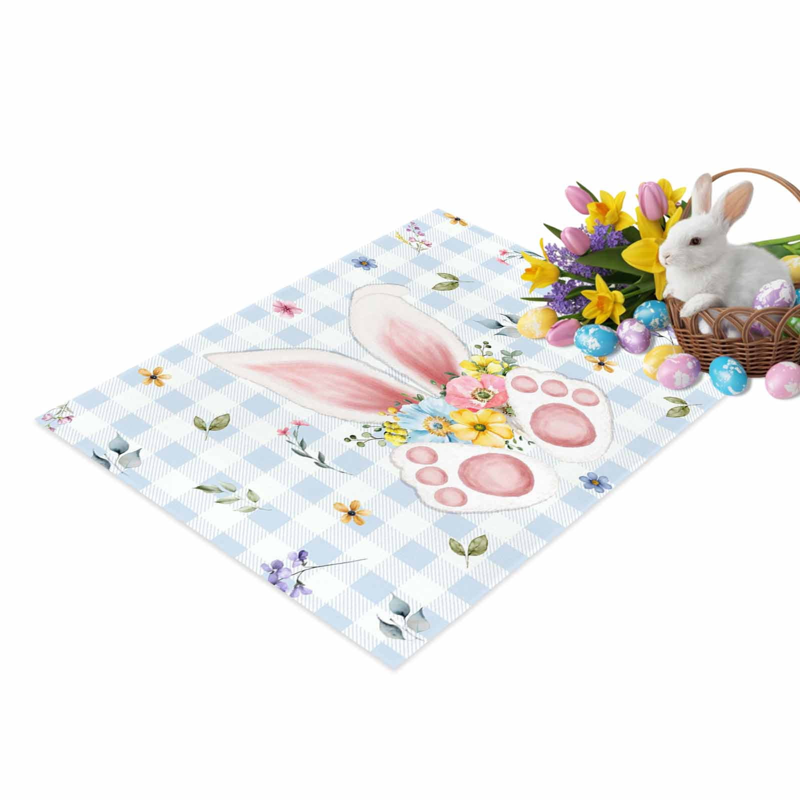 Easter Rabbit Door Mat Spring Bunny Ears Foot Colored Floral Blue Plaid ...