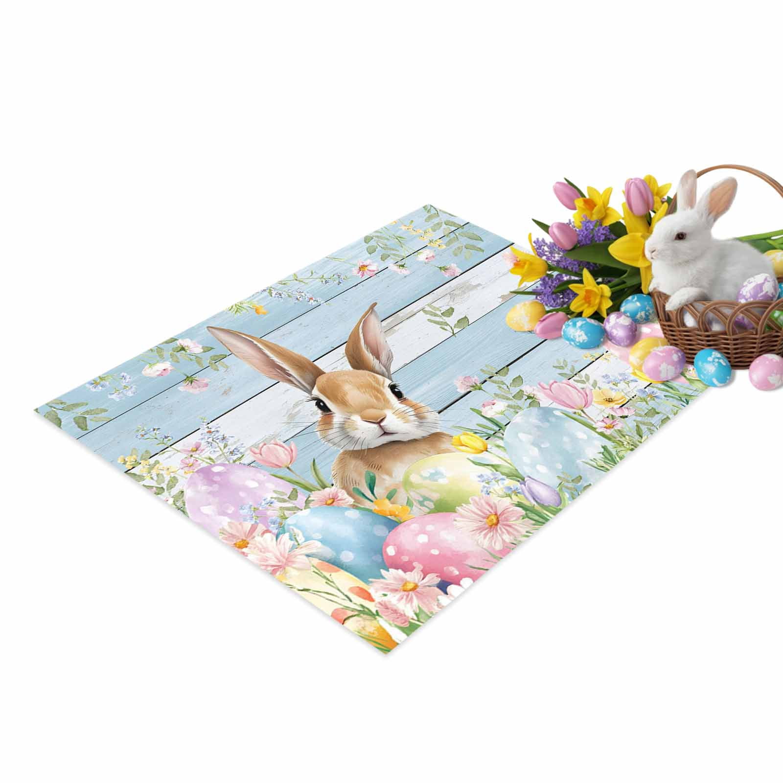 Easter Rabbit Door Mat Spring Floral Colored Eggs Blue Wood Stripes Non Slip Absorbent Entrance ...