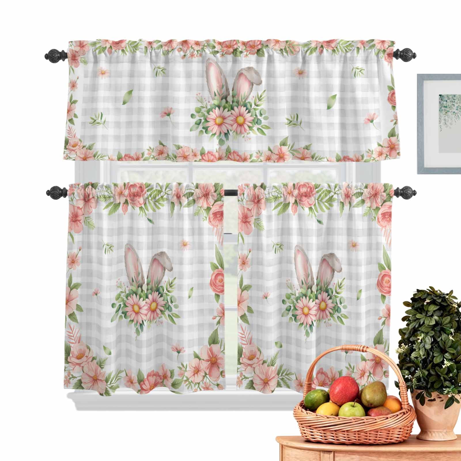 Easter Rabbit Ears Kitchen Curtains Valances 3 Piece Set, Spring Pink ...