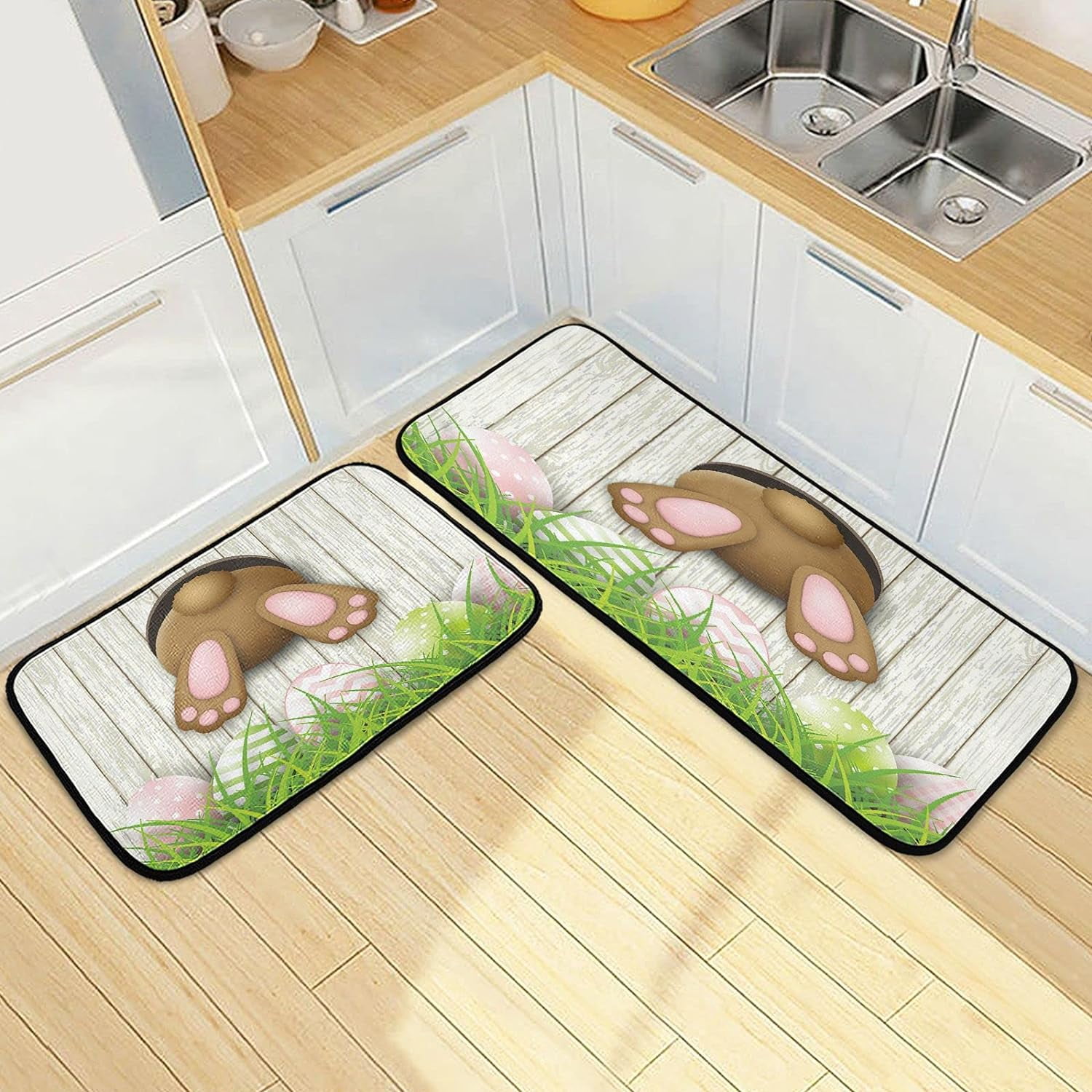 Easter Rabbit Eggs Bottom Kitchen Mat Rugs Set of 2 Spring Bunny Wooden ...