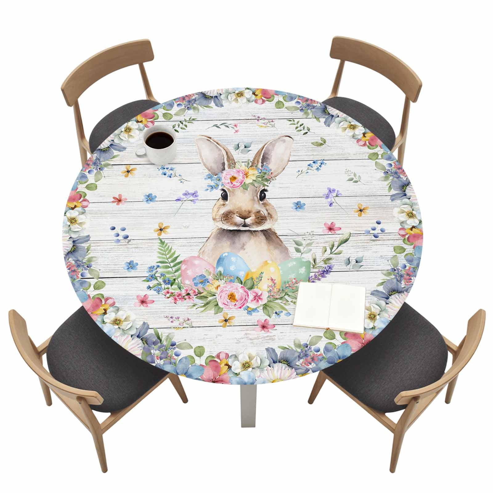 Easter Rabbit Eggs Round Fitted Tablecloth with Elastic Edge Blue Pink ...