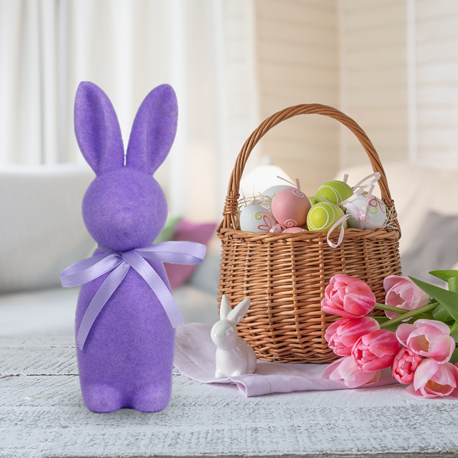 Easter Rabbit Figures Ornaments,Artificial Moss Bunnies Flocking Rabbit ...