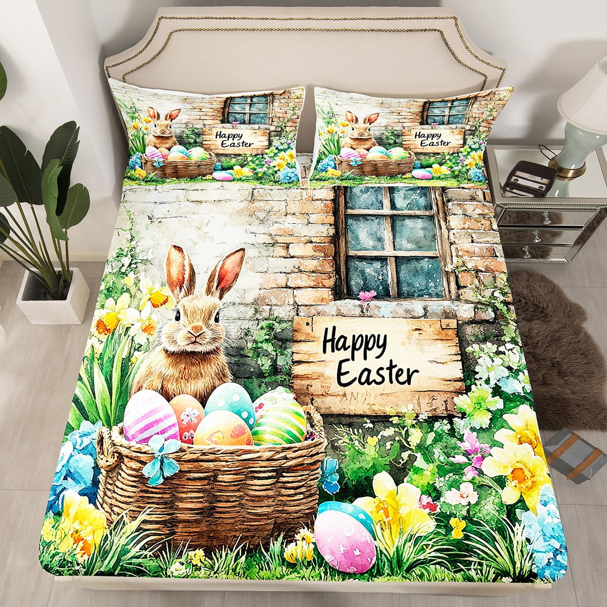 Easter Rabbit Fitted Sheet,Lovely Garden Animal Watercolor Flowers Eggs ...