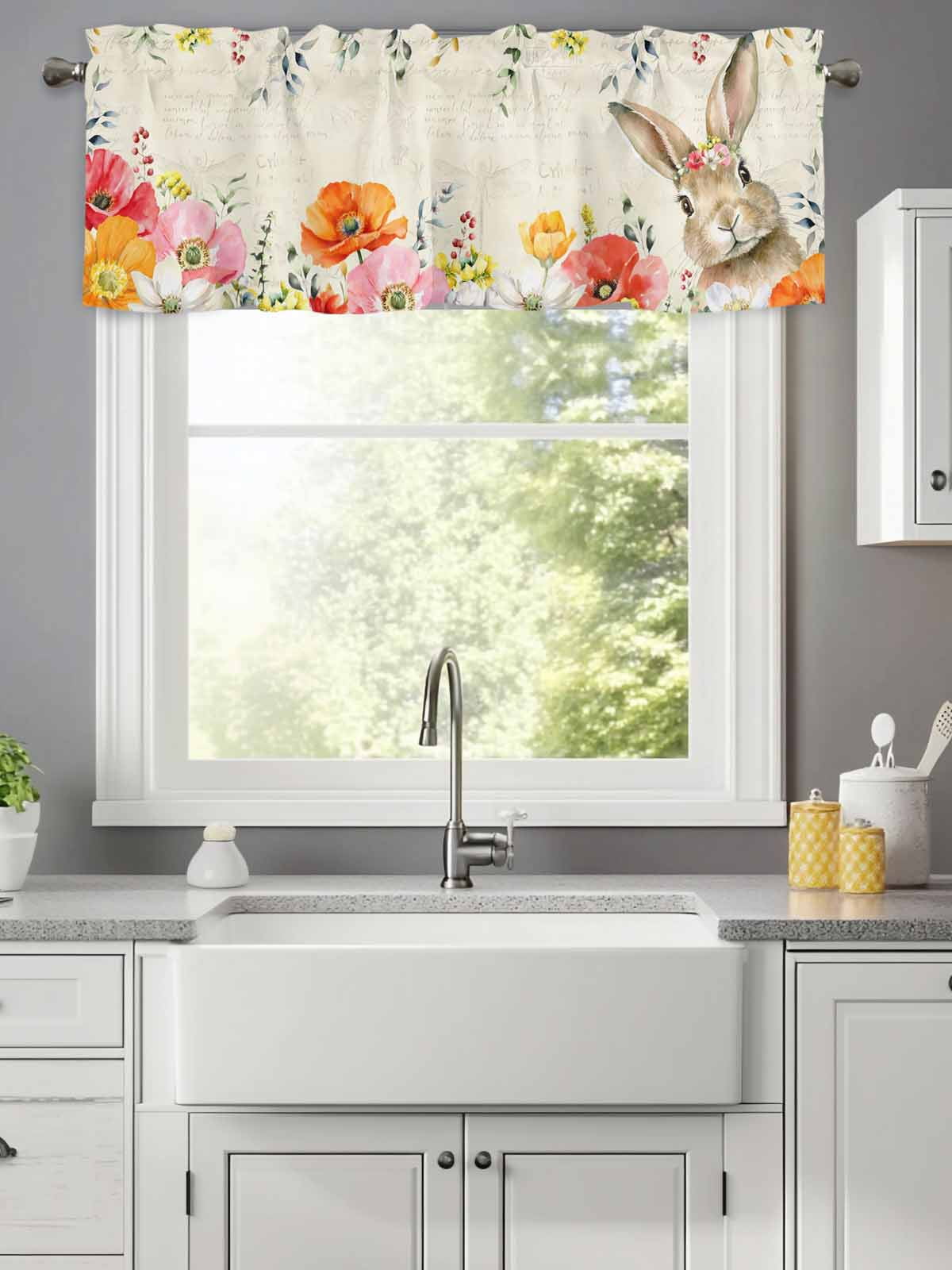Easter Rabbit Flower Leaf Valances for Windows,Rod Pocket Valance for ...