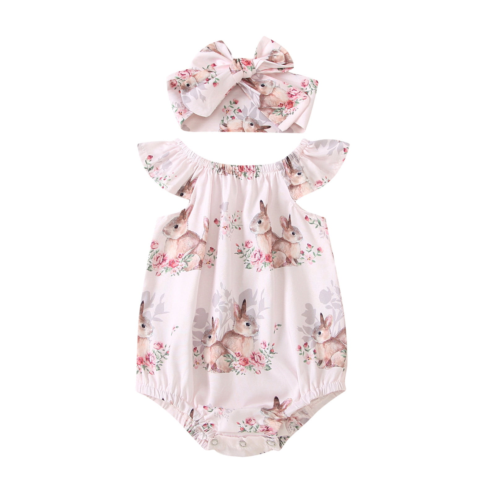 Easter Rabbit Flower Print Bodysuit Sleeveless With Headbands Baby Girls Romper Bunny Pattern ...