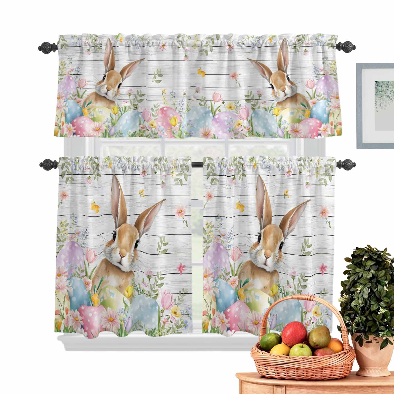 Easter Rabbit Kitchen Curtains Valances 3 Piece Set, Spring Floral ...