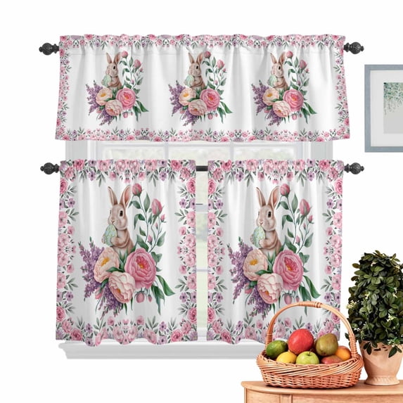 Easter Rabbit Kitchen Curtains Valances 3 Piece Set, Spring Pink Purple ...