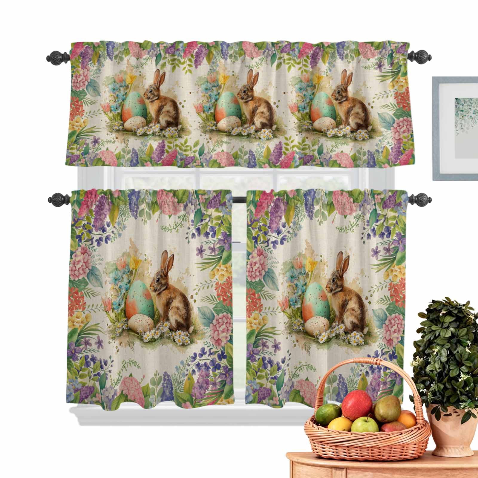 Easter Rabbit Kitchen Curtains Valances 3 Piece Set, Vintage Spring ...