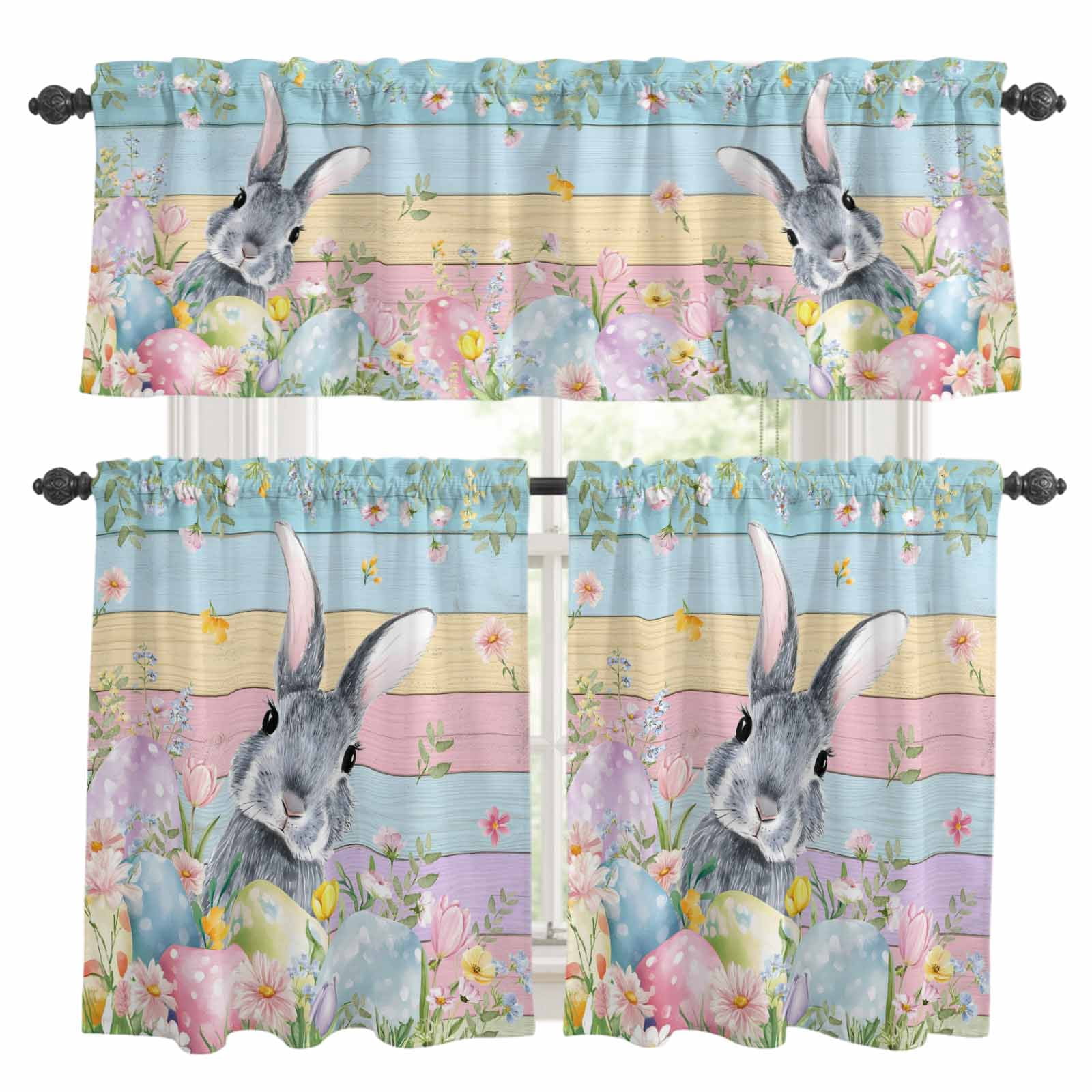 Easter Rabbit Kitchen Curtains and Valances Set, Spring Floral Colored ...