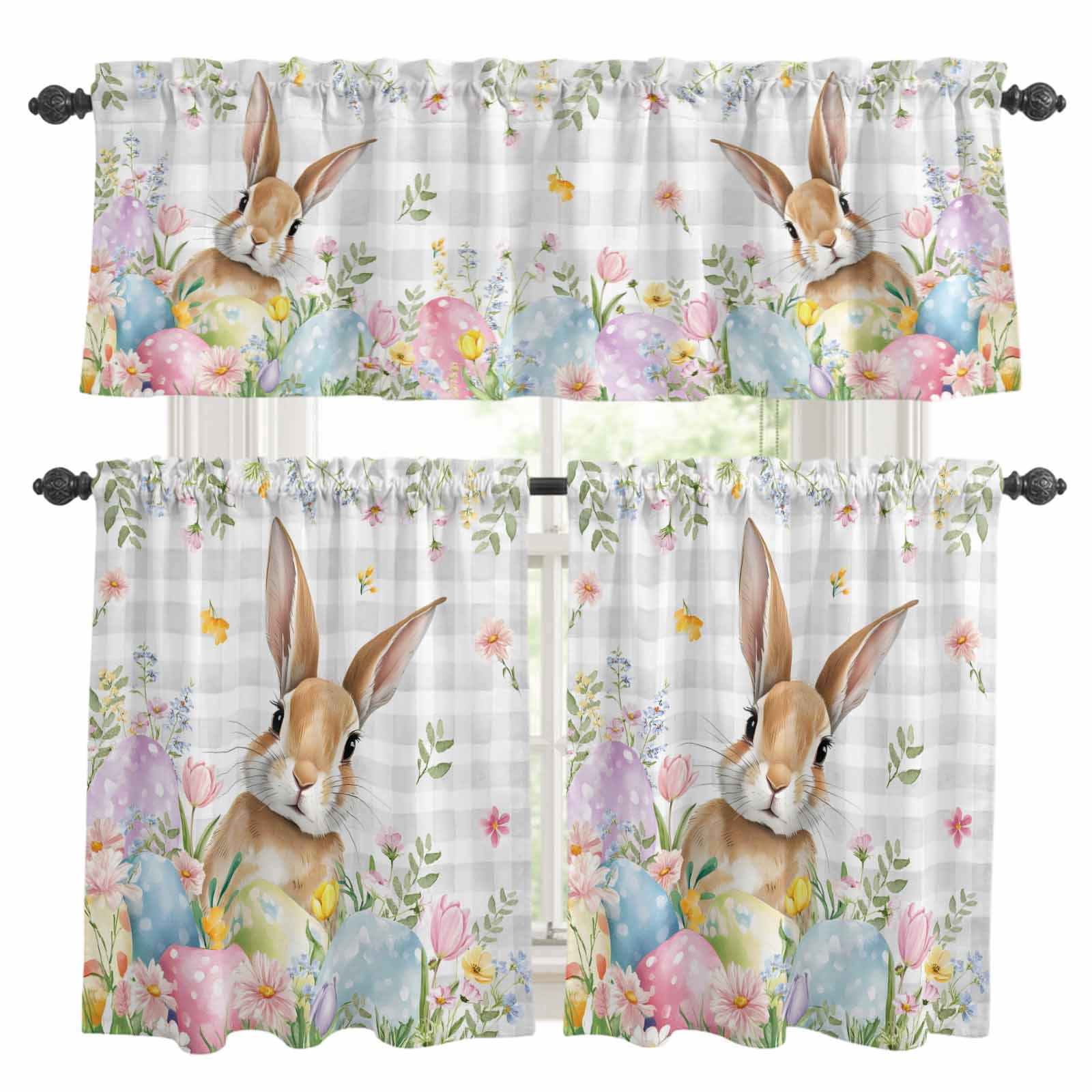 Easter Rabbit Kitchen Curtains and Valances Set, Spring Floral Colored ...