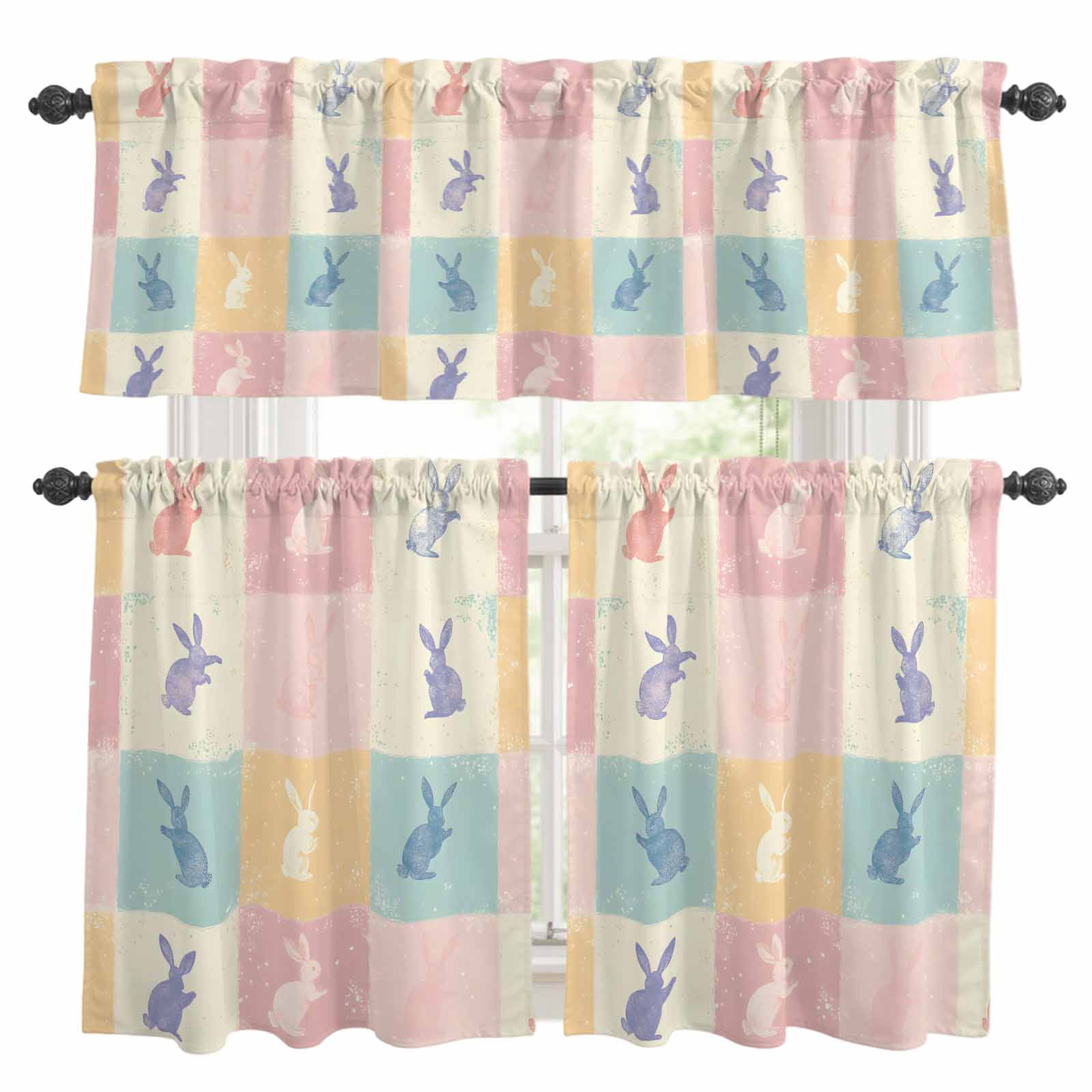 Easter Rabbit Kitchen Curtains and Valances Set, Watercolor Rabbit Pink ...