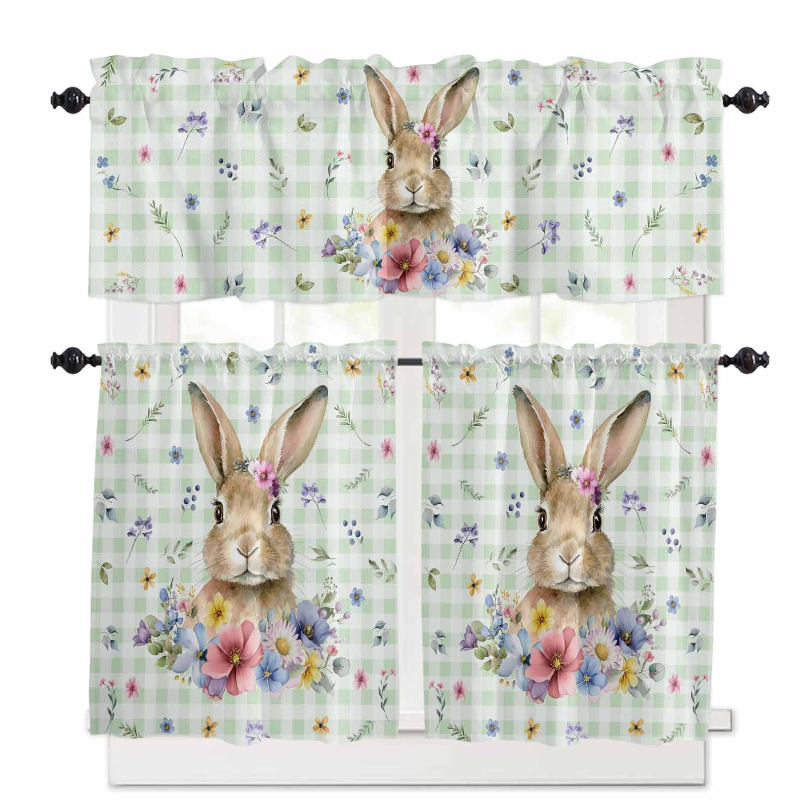 Easter Rabbit Kitchen Curtains Valances and Tiers Set of 3 Spring Blue ...