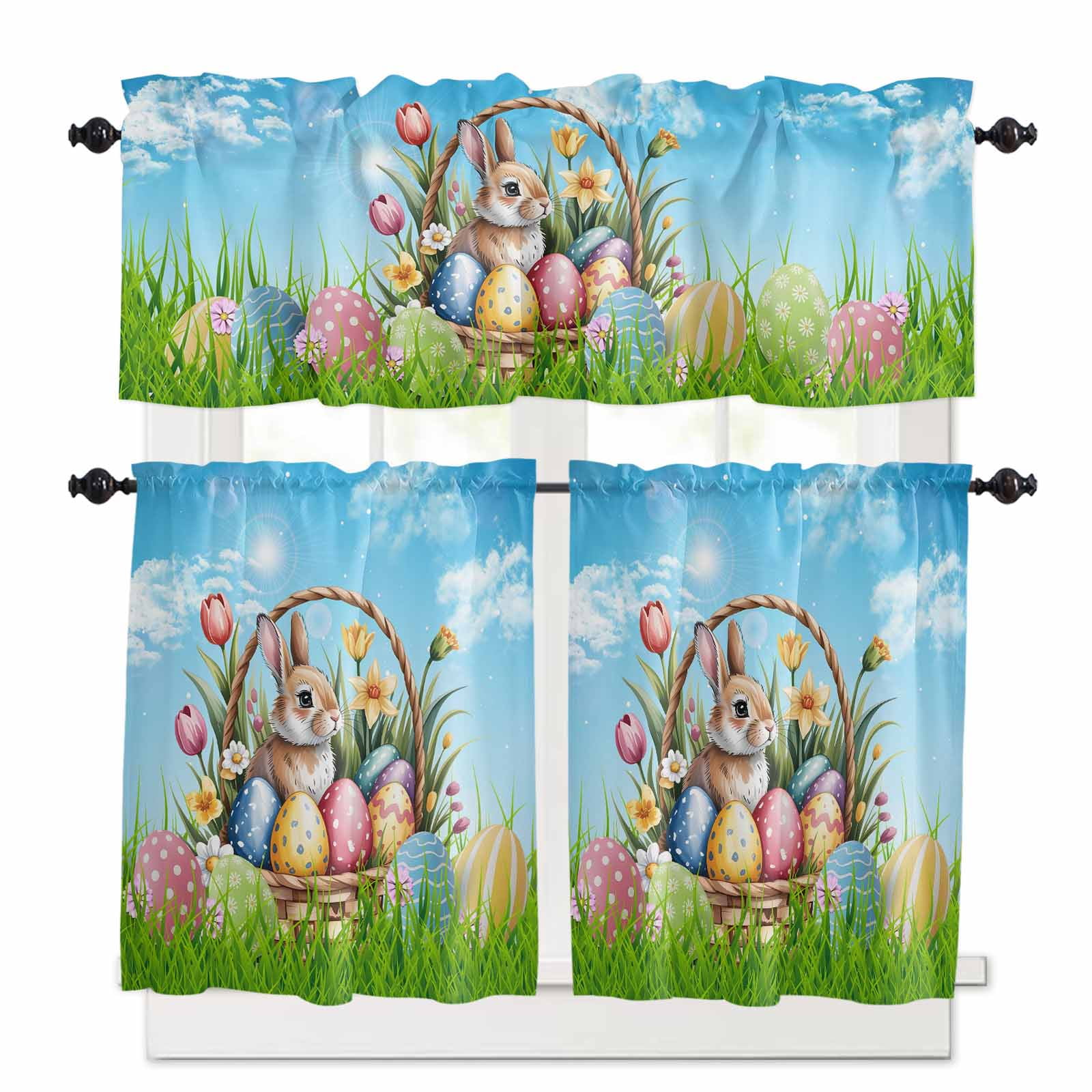 Easter Rabbit Kitchen Curtains Valances and Tiers Set of 3 Watercolor ...