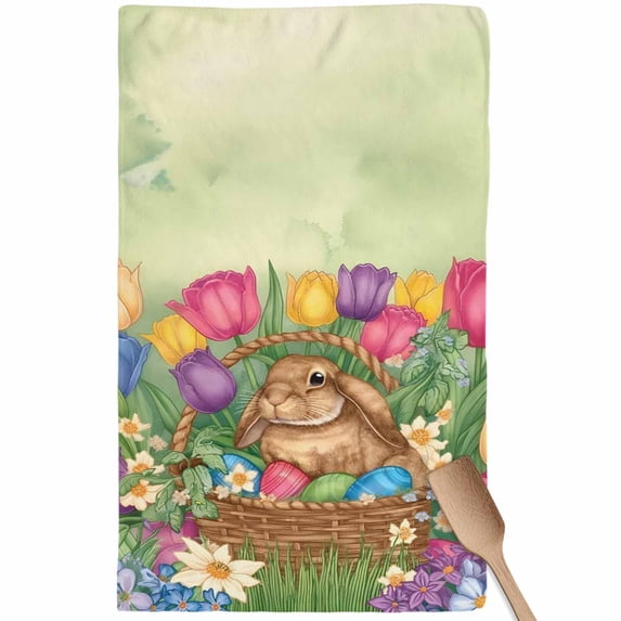 Easter Rabbit Kitchen Towel Spring Eggs Basket Colorful Floral Grass ...