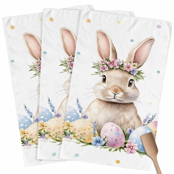Easter Rabbit Kitchen Towel Watercolor Pink Blue Eggs Spring Colorful ...