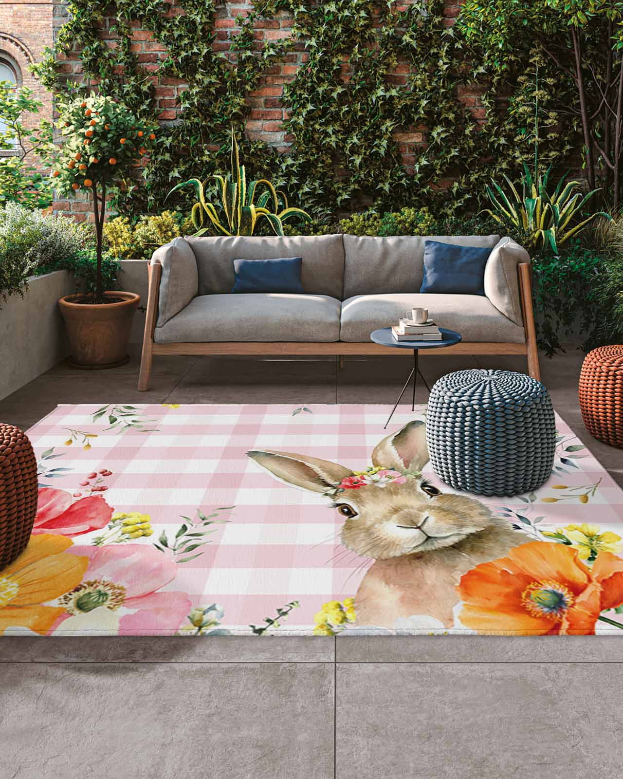 Easter Rabbit Outdoor Rug, Spring Red Orange Pink Floral Leaf Plant ...