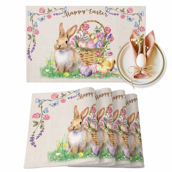 Easter Rabbit Placemats Set of 1, Spring Colorful Egg Floral in Basket ...
