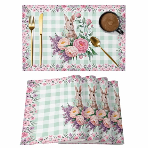 Easter Rabbit Placemats Set of 1, Spring Pink Purple Floral Eggs Bunny ...