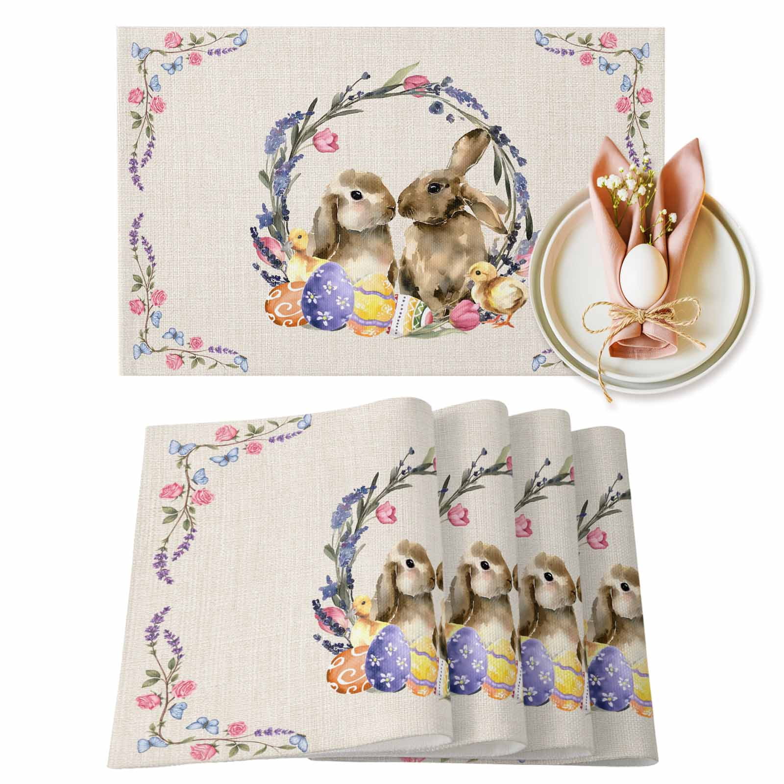 Easter Rabbit Placemats Set of 1, Watercolor Chicken Pink Purple Yellow ...