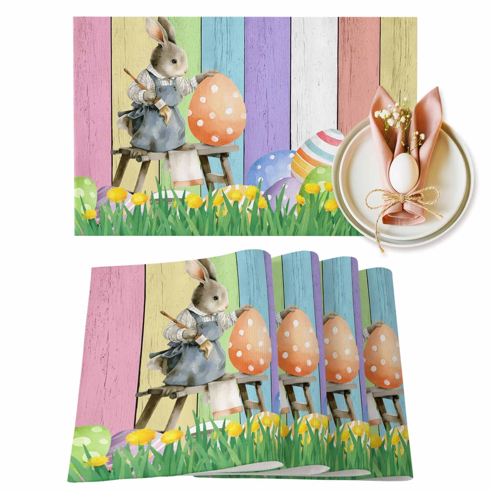 Easter Rabbit Placemats Set of 1, Watercolor Eggs Yellow Floral Rainbow ...