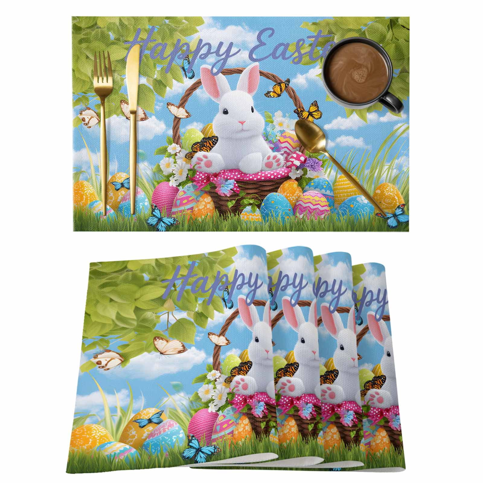 Easter Rabbit Placemats Set of 12, Spring Bunny Eggs Butterfly Grass ...