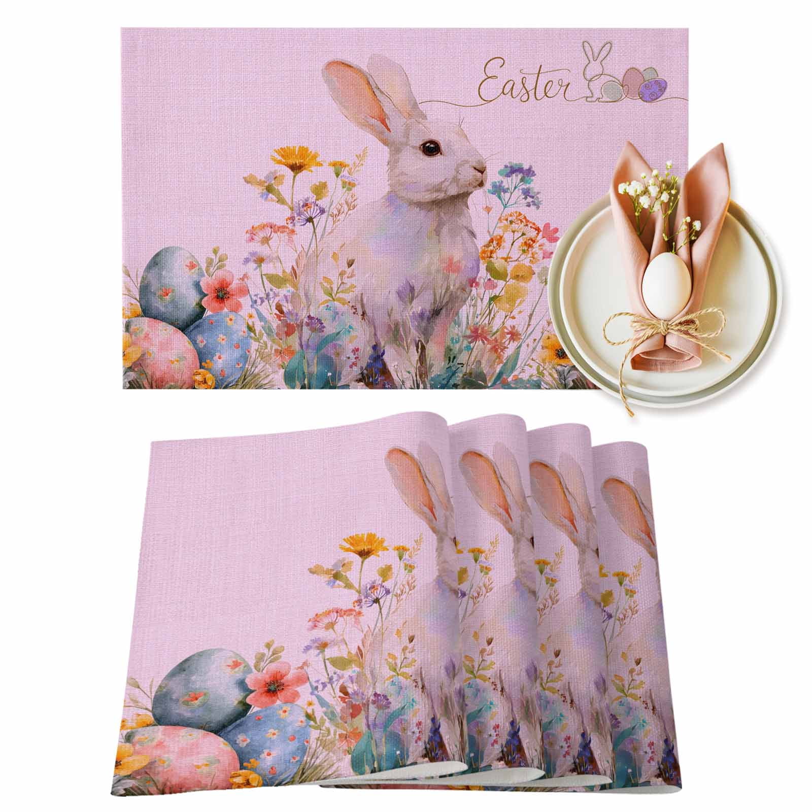 Easter Rabbit Placemats Set of 12, Watercolor Colorful Floral Bunny ...