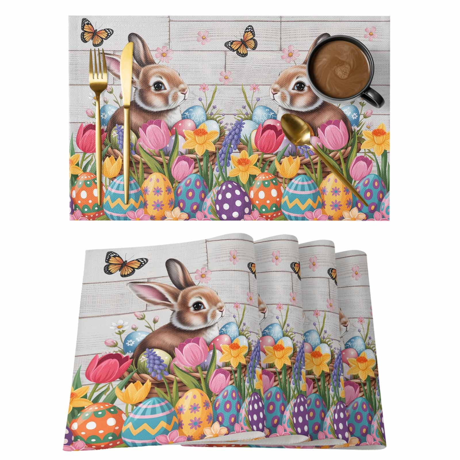 Easter Rabbit Placemats Set of 2, Spring Basket Eggs Bunny Floral Wood ...