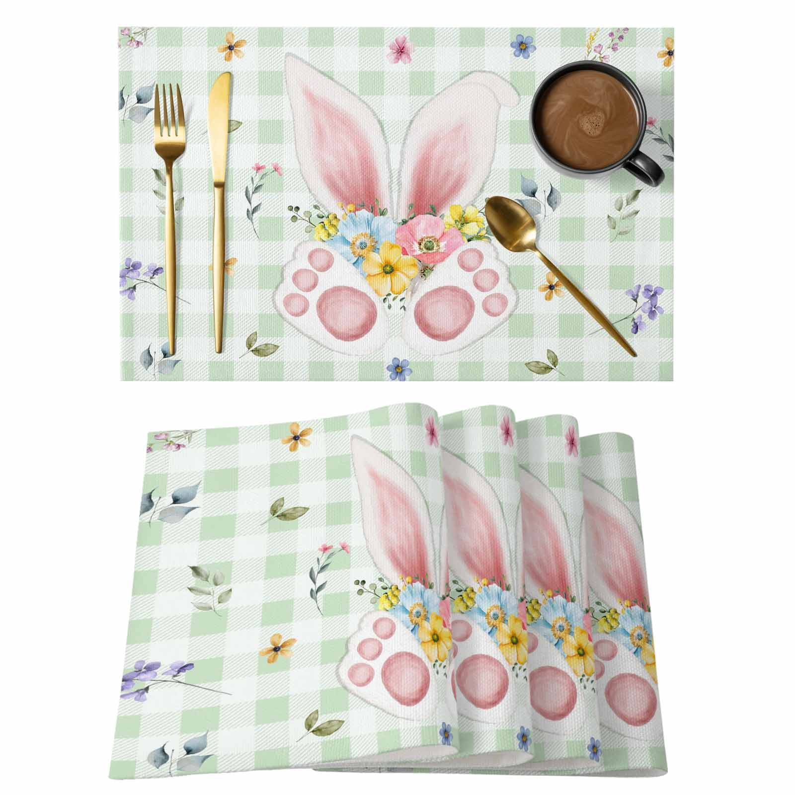 Easter Rabbit Placemats Set of 2, Spring Bunny Ears Foot Colored Floral ...