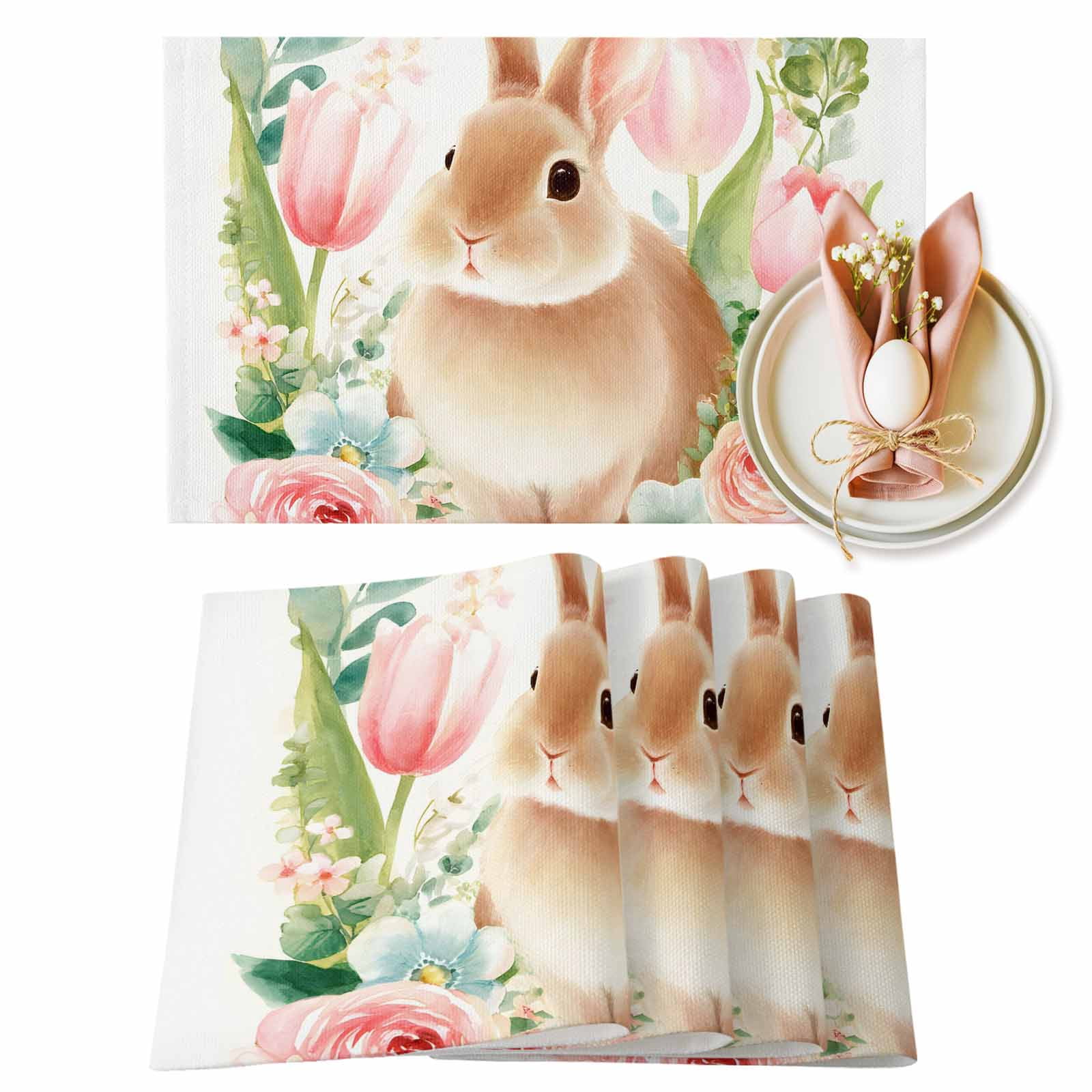 Easter Rabbit Placemats Set of 2, Watercolor Bunny Pink Roses Floral ...
