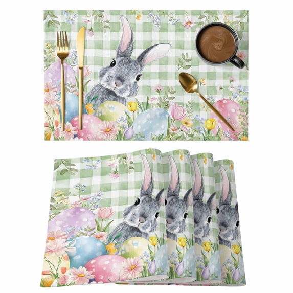 Easter Rabbit Placemats Set of 2, Watercolor Floral Colored Eggs Green ...