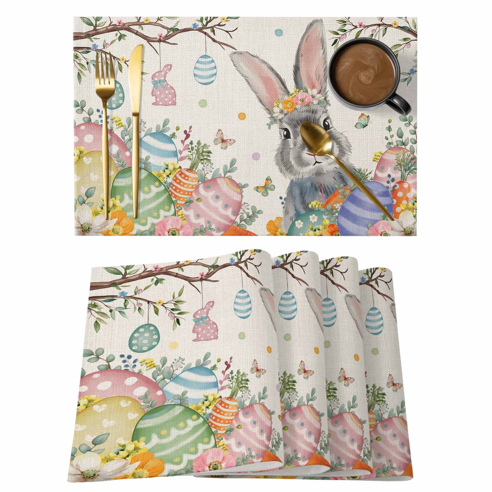 Easter Rabbit Placemats Set of 4, Spring Floral Eggs Branches Linen ...