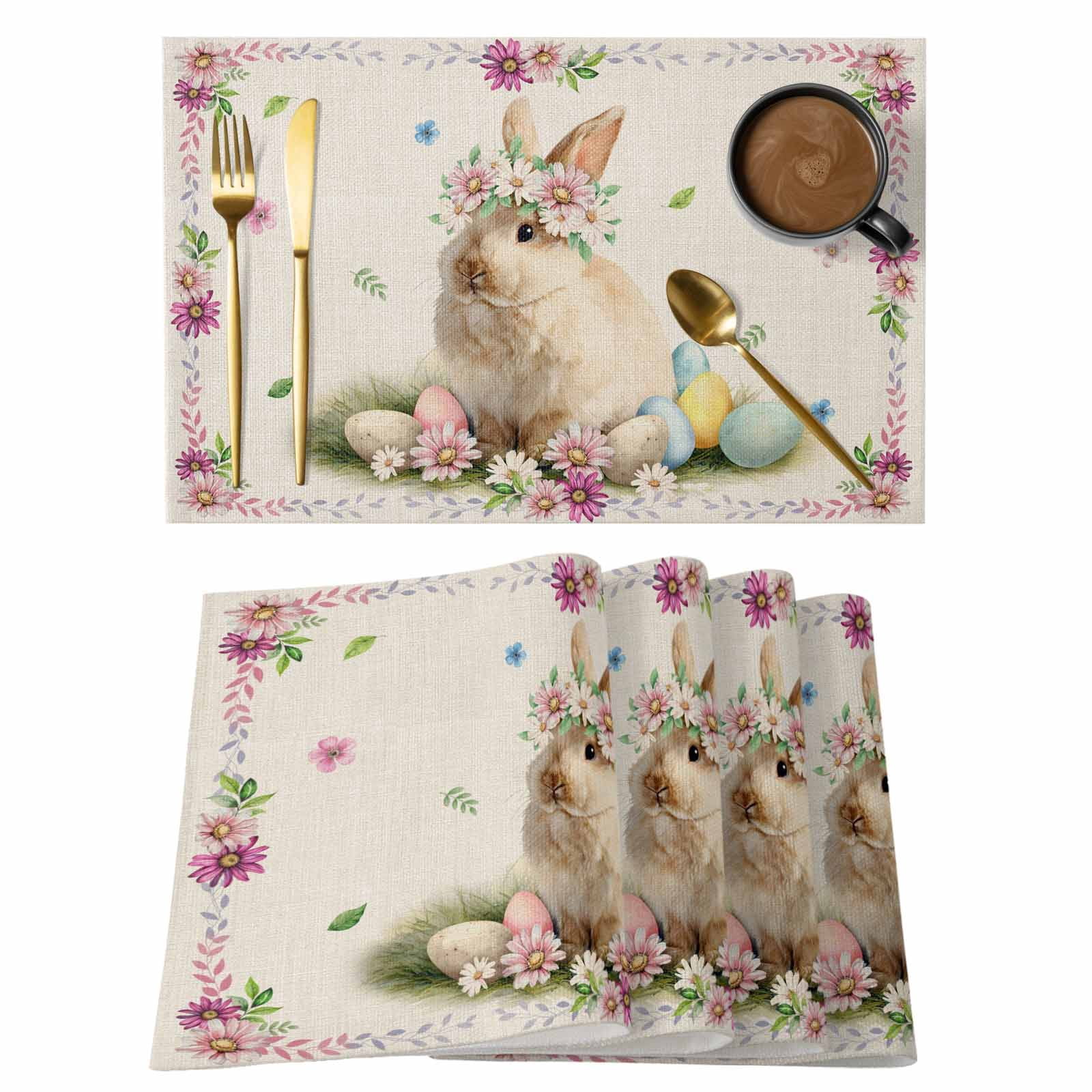 Easter Rabbit Placemats Set of 4, Watercolor Spring Bunny Eggs Floral ...